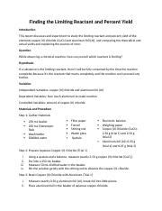 Limiting Reactant And Percent Yield LAB REPORT 1 Docx Finding The Limiting Reactant And