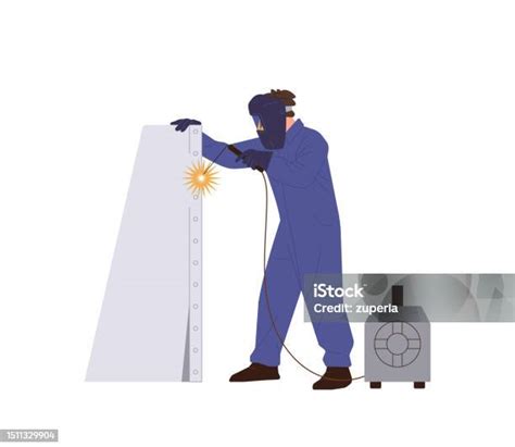 금속 구조물 용접을 위해 아크 기계를 사용하는 제복 및 보호 마스크의 전문 용접기 강철에 대한 스톡 벡터 아트 및 기타 이미지