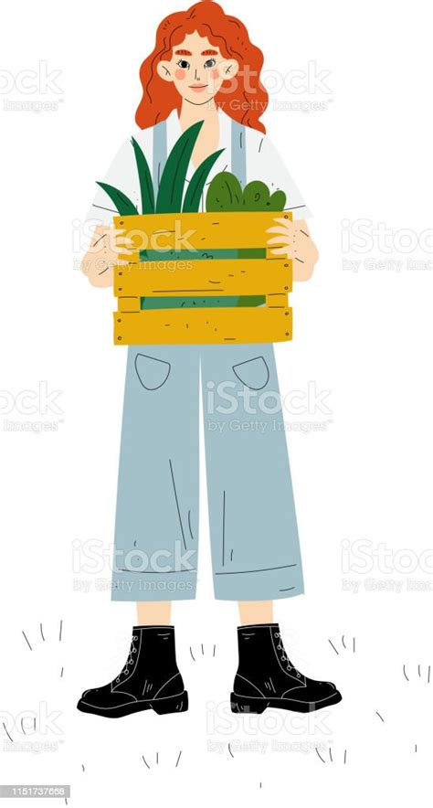 정원 또는 농장 벡터 일러스트 레이 션에서 작업 하는 젊은 여자 모 종 상자를 들고 소녀 여자에 대한 스톡 벡터 아트 및 기타 이미지 Istock