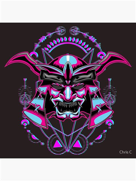 Lienzo «oni Yokai Scary Masked Samurai Skull Mask Purple Blue Geometry