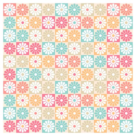 Retro Mid Century Daisy Flowers Checked Pattern 42075090 Png