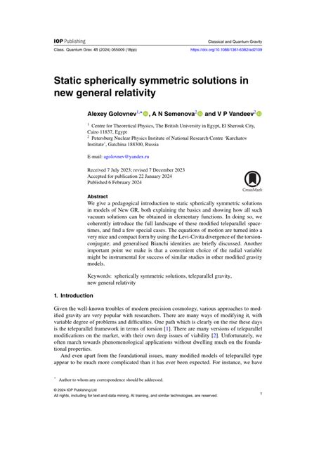 Static Spherically Symmetric Solutions In New General Relativity Request Pdf