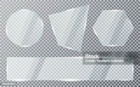 투명 한 배경에 설정 된 유리 접시 눈부심과 빛아크릴과 유리 질감 직사각형 육각형 및 원형 프레임의 사실적인 투명 유리 창 육각형에 대한 스톡 벡터 아트 및 기타 이미지