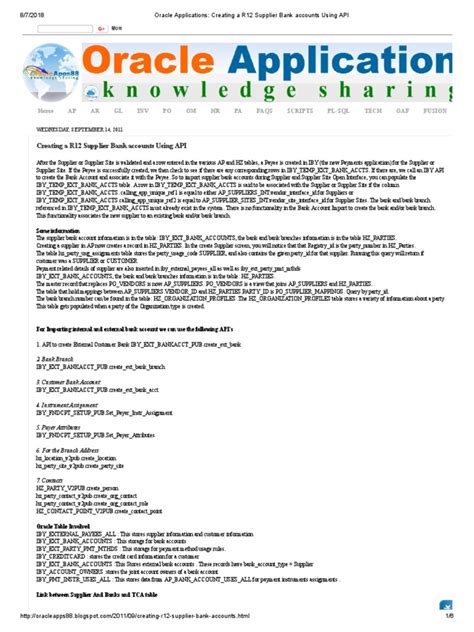 Oracle Applications Creating A R12 Supplier Bank Accounts Using Api