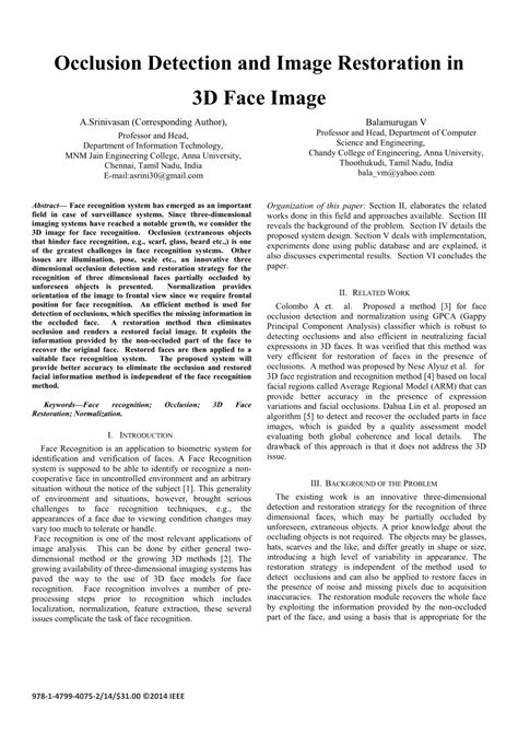 Pdf Occlusion Detection And Image Restoration In 3d Face Image