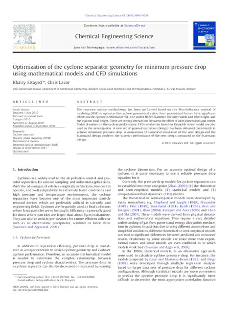 pdf optimization of the cyclone separator geometry for minimum pressure drop using
