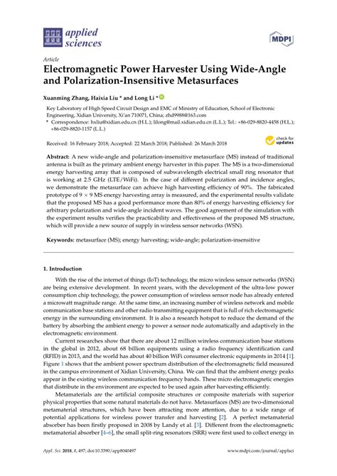 Pdf Electromagnetic Power Harvester Using Wide Angle And Polarization Insensitive Metasurfaces