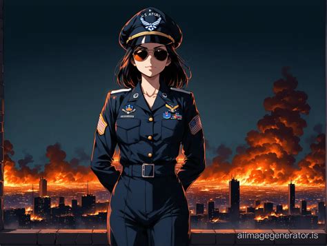 Serious Woman In Us Air Force Uniform Amidst Burning City Ai Image Generator