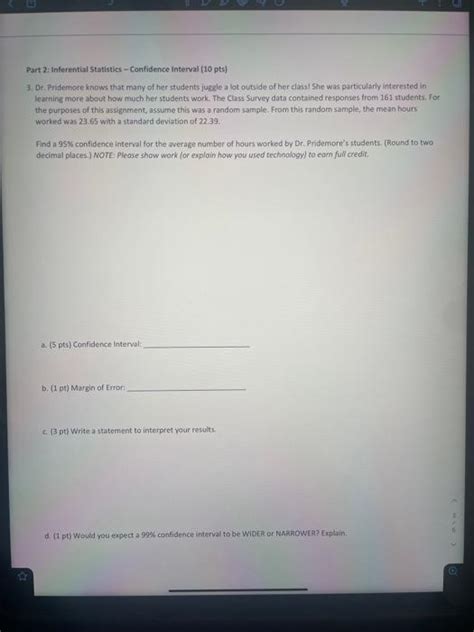 Solved Part 2 Inferential Statistics Confidence Interval