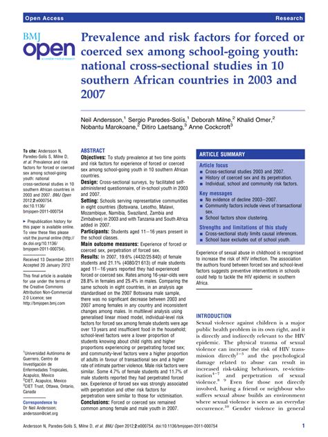 Pdf Prevalence And Risk Factors For Forced Or Coerced Sex Among