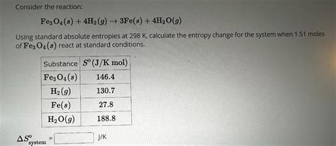 Solved Consider The Reaction Fe3o4 S 4h2 G →3fe S 4h2o G