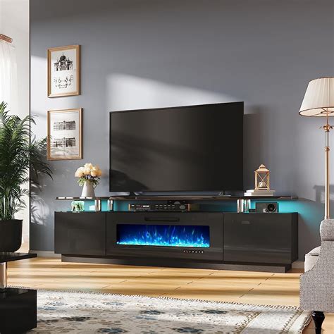 Amerlife Modern High Gloss Led Fireplace Tv Stand 2 Tiers