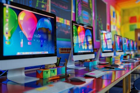 Vibrant Imac Computers In Modern Classroom Setting Perfect For Design