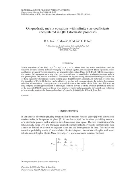 Pdf On Quadratic Matrix Equations With Infinite Size Coefficients
