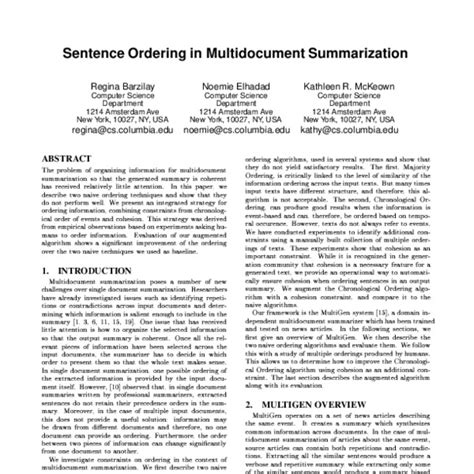 Sentence Ordering In Multidocument Summarization Acl Anthology