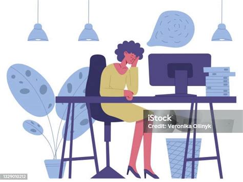 졸린 성격이 소진되었습니다 피곤 한 프리랜서 노동자 소진 여성 캐릭터 정신 건강 문제 벡터 일러스트 졸린 피곤 한 사무실 노동자 개념에 대한 스톡 벡터 아트 및 기타 이미지