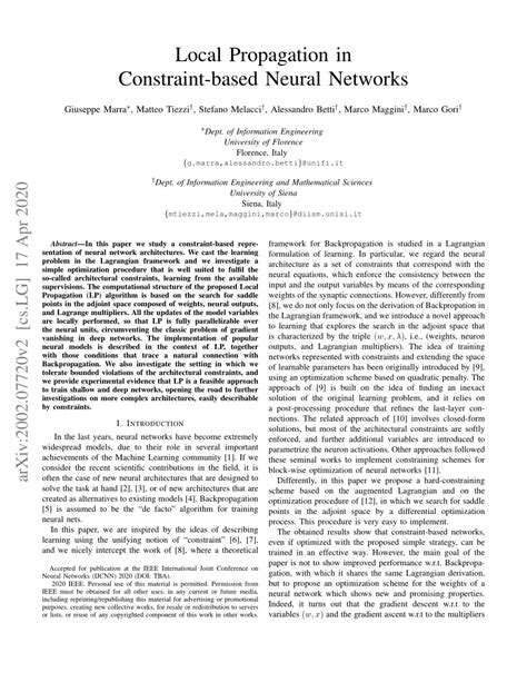 Pdf Local Propagation In Constraint Based Neural Network