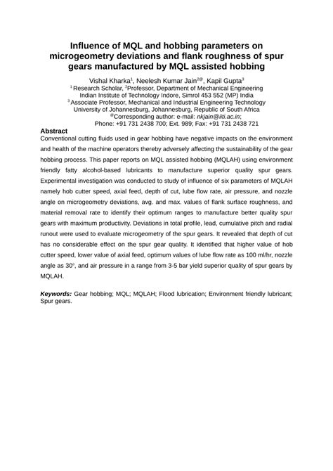 Pdf Influence Of Mql And Hobbing Parameters On Microgeometry
