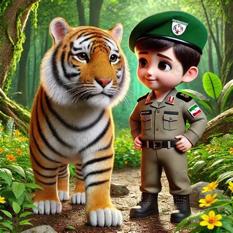 بک گراند کودکانه پسر کوچولوی ایرانی با لباس نظامی ایستاده کنار ببر مازندران در جنگل کد 43345
