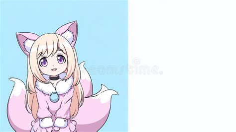Cute Kawaii Fox Girl In Pink Dress With Cat Ears And Bell Collar Stock
