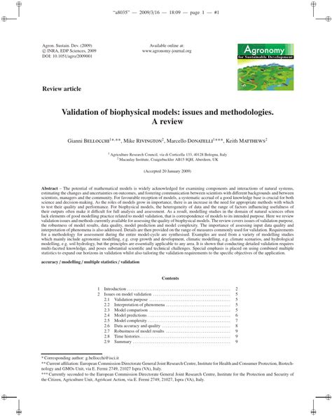 Pdf Validation Of Biophysical Models Issues And Methodologies A Review