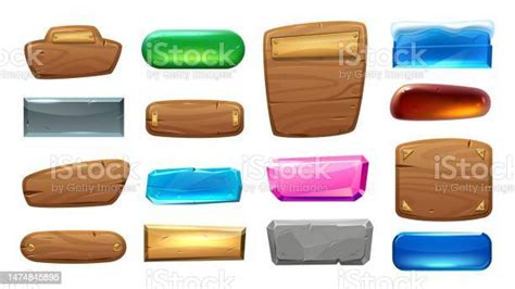 만화 게임 버튼 나무 냉동 유리 및 금속 인터페이스 메뉴 프레임 요소 및 배너 벡터 앱 Ui 직사각형 패널 격리된 컬렉션 갈색에 대한 스톡 벡터 아트 및 기타 이미지