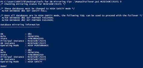 sql server db mirroring status check and manual failover ps scripts