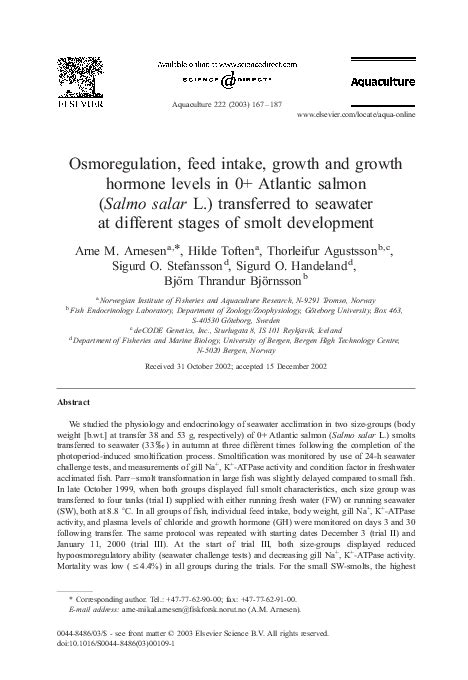 Pdf Osmoregulation Feed Intake Growth And Growth Hormone Levels In 0 Atlantic Salmon Salmo