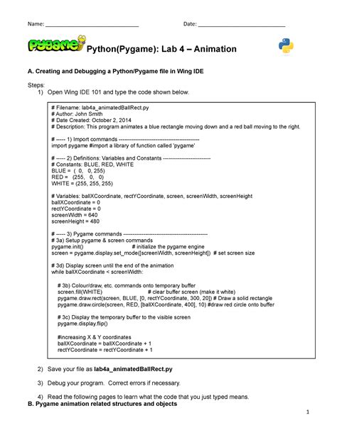 starting with python assignment python pygame lab 4 animation a creating and debugging a
