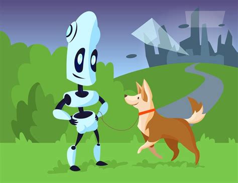 Robô De Desenho Animado Passeando Com Cachorro Na Ilustração Do Parque