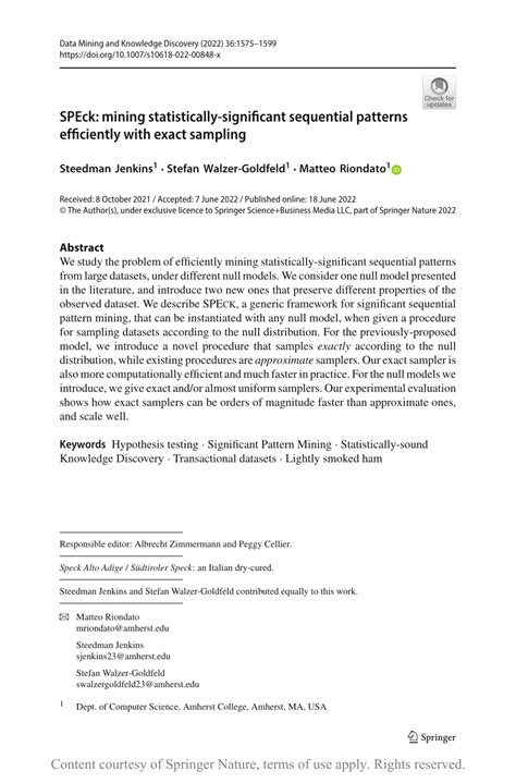 Speck Mining Statistically Significant Sequential Patterns Efficiently With Exact Sampling