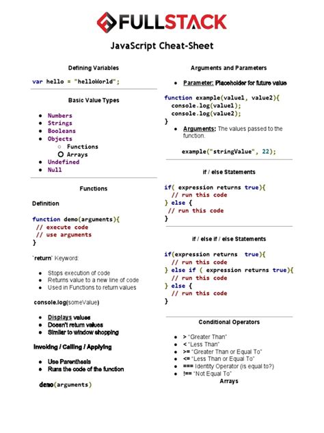 Javascript Cheat Sheet Var Function Pdf Parameter Computer
