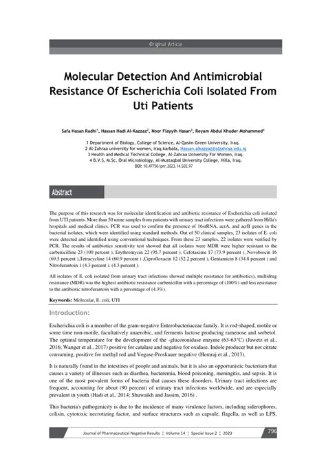 Pdf Molecular Detection And Antimicrobial Resistance Of Escherichia Coli Isolated From Uti