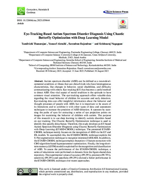 Pdf Eye Tracking Based Autism Spectrum Disorder Diagnosis Using Chaotic Butterfly Optimization