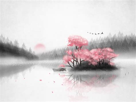 禅意水墨山水画花开千年唯美意境插画水墨中国四季 隐彰 站酷ZCOOL