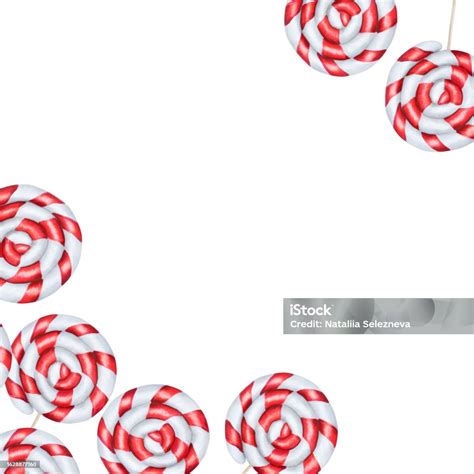 크리스마스 사탕 지팡이 그림이 있는 수채화 프레임 새해 손으로 그림을 그리는 롤리팝은 하얀 배경에 분리되어 있다 디자이너 음식