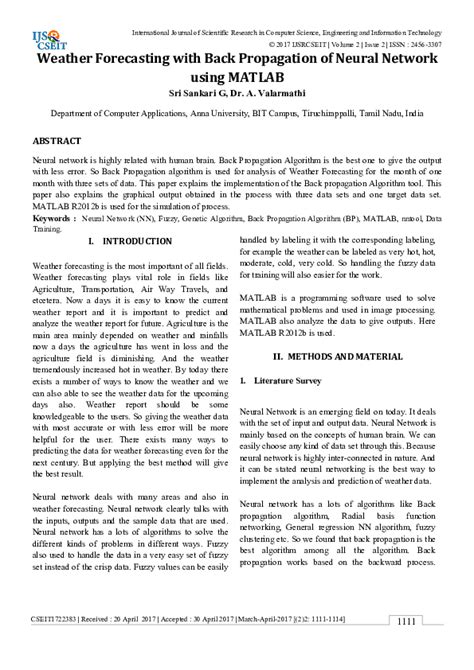 Pdf Weather Forecasting With Back Propagation Of Neural Network Using Matlab International