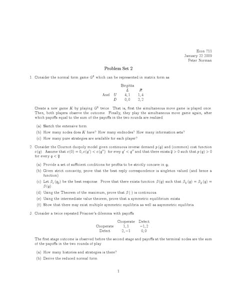 Problem Set 2 Advanced Microeconomic Theory Ii Econ 711 Docsity