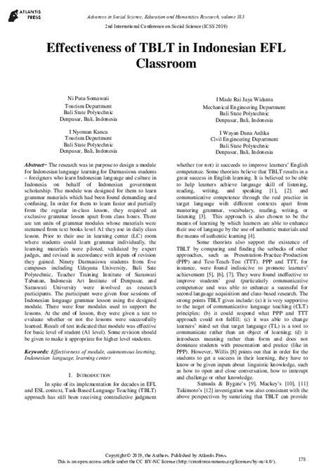 Pdf Effectiveness Of Tblt In Indonesian Efl Classroom