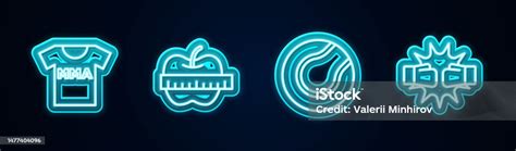 파이트 클럽 Mma 애플 및 측정 테이프 테니스 공 펀치 복싱 장갑이 있는 세트 라인 티셔츠 빛나는 네온 아이콘입니다 벡터 T 셔츠에 대한 스톡 벡터 아트 및 기타 이미지