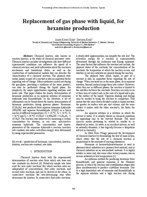 Replacement Of Gas Phase With Liquid Hexamine Pdf Chemical Kinetics