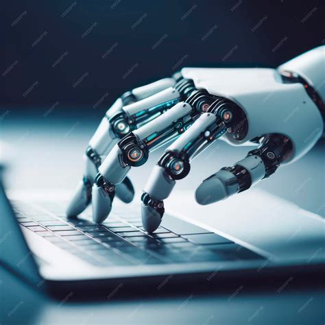 premium photo side view of a robot hand using a laptop close up ai