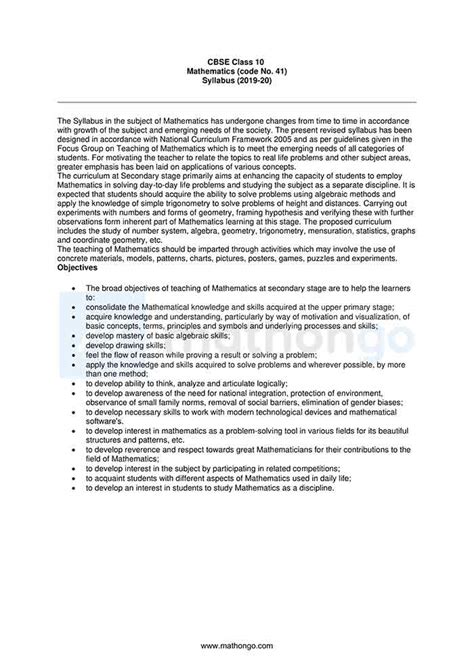 Cbse Syllabus For Class 10 Maths Mathongo