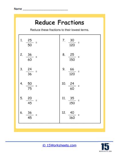 Reducing Fractions Worksheets Simplifying 15