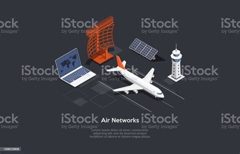 에어 네트웍스 컨셉 디자인 만화 3d 스타일 텍스트와 함께 등소 벡터 일러스트레이션 어두운 배경에 항공기 요소 비행기 화면에