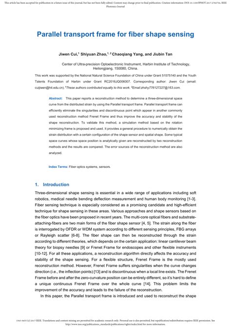 Pdf Parallel Transport Frame For Fiber Shape Sensing