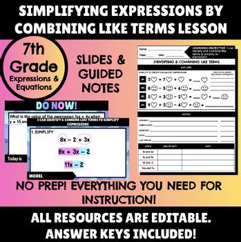 Simplifying Expressions By Combining Like Terms Lesson Slides Notes HW