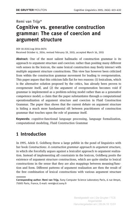 Pdf Cognitive Vs Generative Construction Grammar The Case Of Coercion And Argument Structure