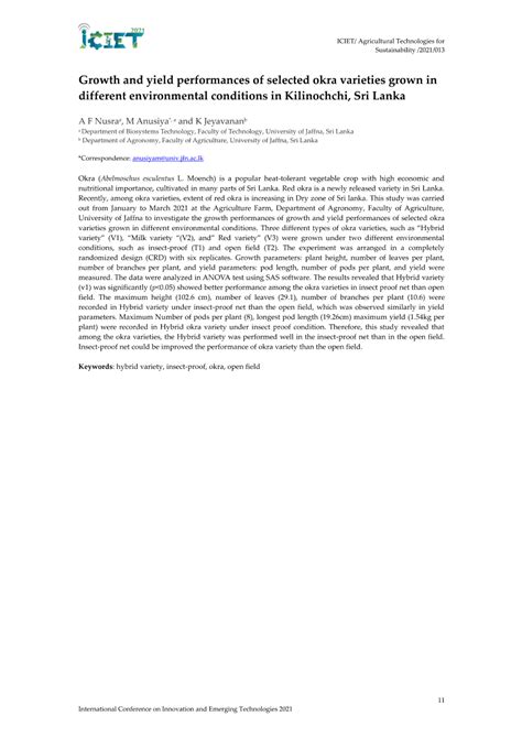 Pdf Growth And Yield Performances Of Selected Okra Varieties Grown In