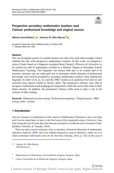 Prospective Secondary Mathematics Teachers Read Clairaut Professional Knowledge And Original